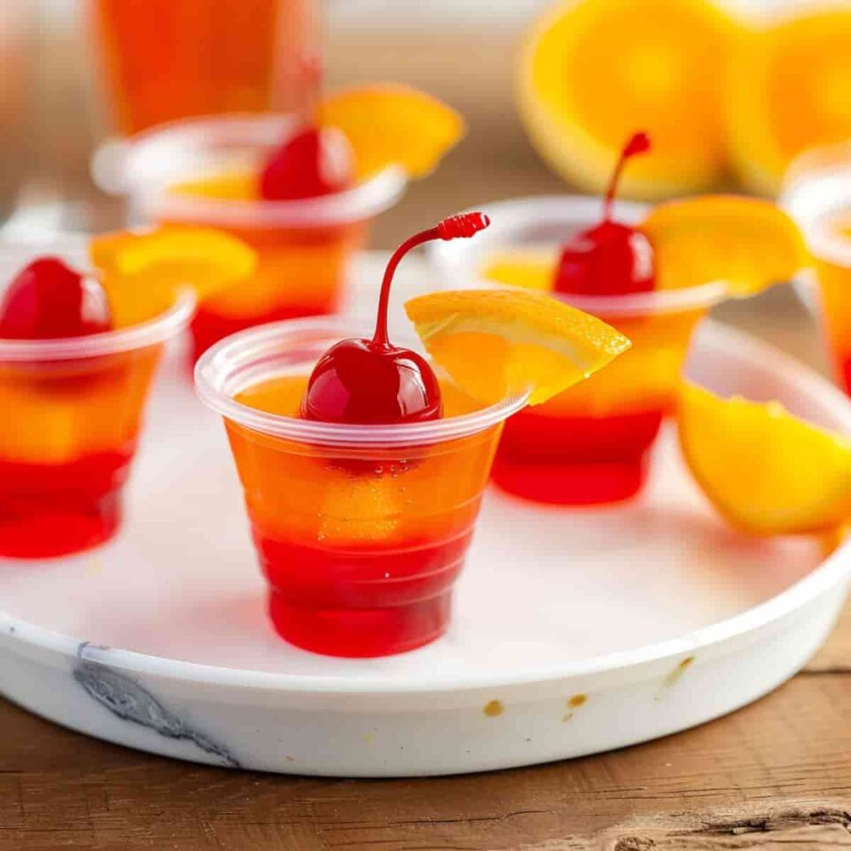 Tequila Sunrise Jello Shots - Foodiosity